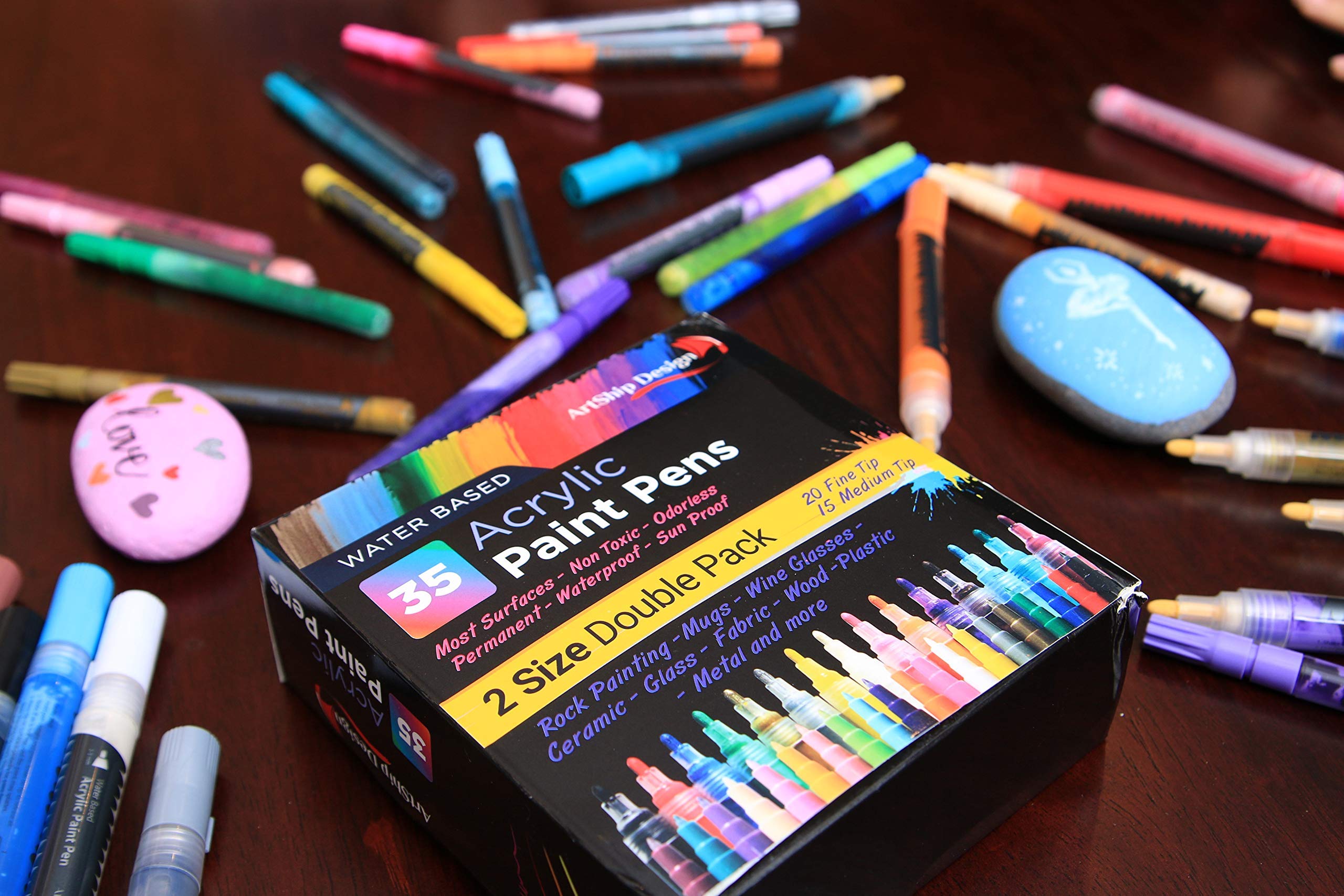 ArtShip Design 35 Premium Acrylic Paint Pens, Double Pack of Both Extra Fine and Medium Tip, for Rock Painting, Mug, Ceramic, Glass, and Fabric Painting, Water Based Non-Toxic and No Odor