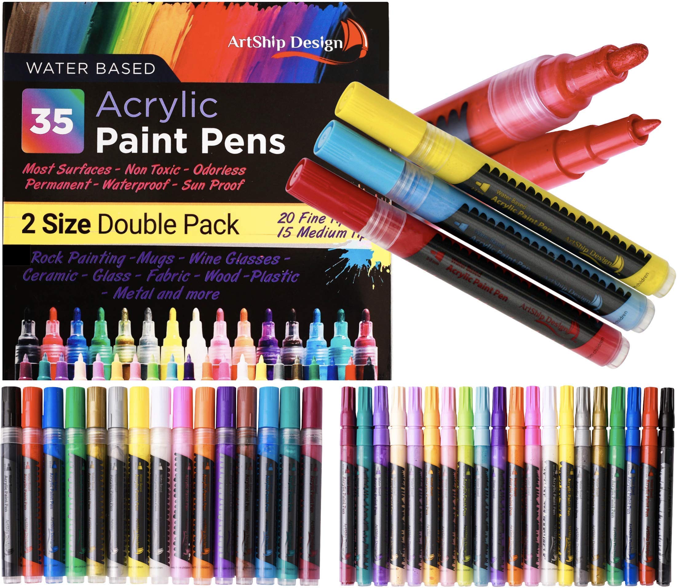 ArtShip Design 35 Premium Acrylic Paint Pens, Double Pack of Both Extra Fine and Medium Tip, for Rock Painting, Mug, Ceramic, Glass, and Fabric Painting, Water Based Non-Toxic and No Odor