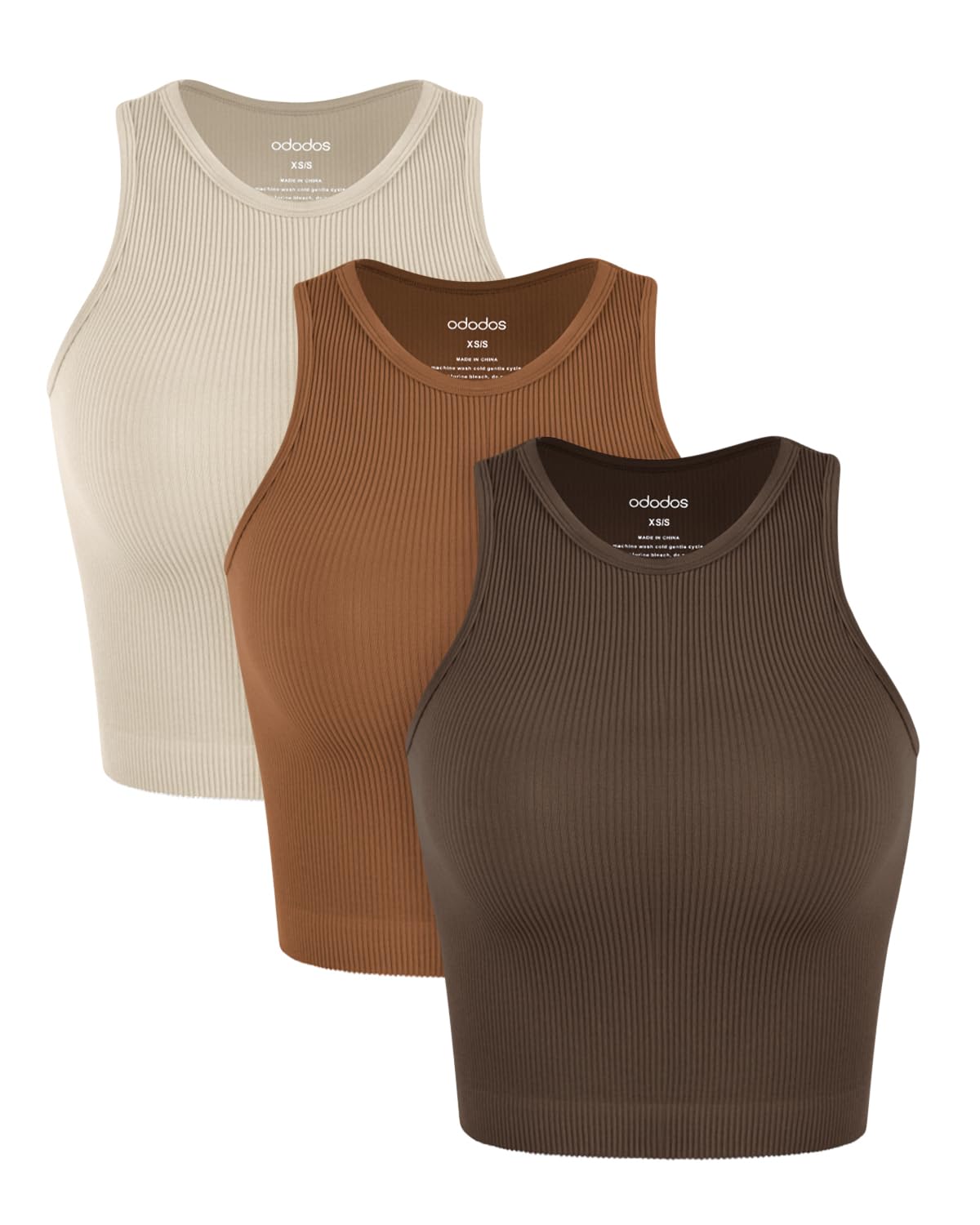 ODODOS 3-Pack Seamless Tank for Women Rib-knit Soft Sleeveless High Neck Tank Tops, Waist Length, Brunette+Clay+Mushroom, X-Small/Small