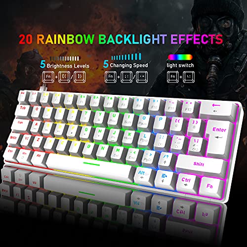60% True Mechanical Gaming Keyboard Ultra-compact with 20 Rainbow Backlit Type C Wired Programmable 62 Keys Tactile Blue Switch Waterproof Non-Conflict and Gaming Mouse Pad for PC/Laptop/PS5(White)