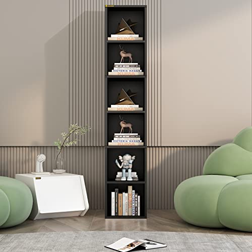 ALISENED 68.5" Tall Narrow Bookshelf, 6 Shelf Wooden Corner Bookcase for Stylish Storage, Modern Skinny Cubes Storage Organizer Display Shelving for Bedroom, Library, Living Room, Home, Office, Black