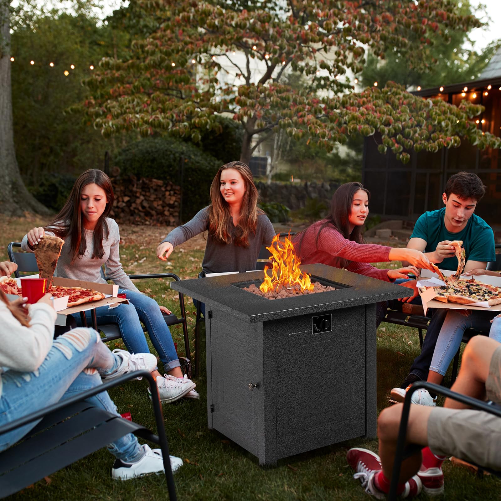 VINGLI Propane Fire Pit, 28 "Gas Firepit Table, 40,000 BTU Outdoor Fire Pit Table with Lid and Volcanic Stone, Cover, Unique Finish for Patio Garden or Thanksgiving - Black