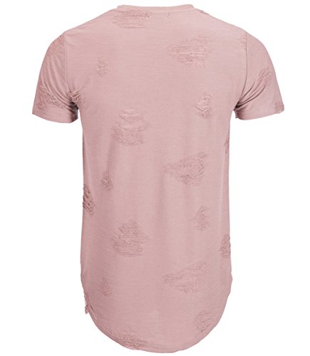 KLIEGOU Mens Hipster Hip Hop Ripped Round Hemline Hole T Shirt(1705) (Large, Pink)