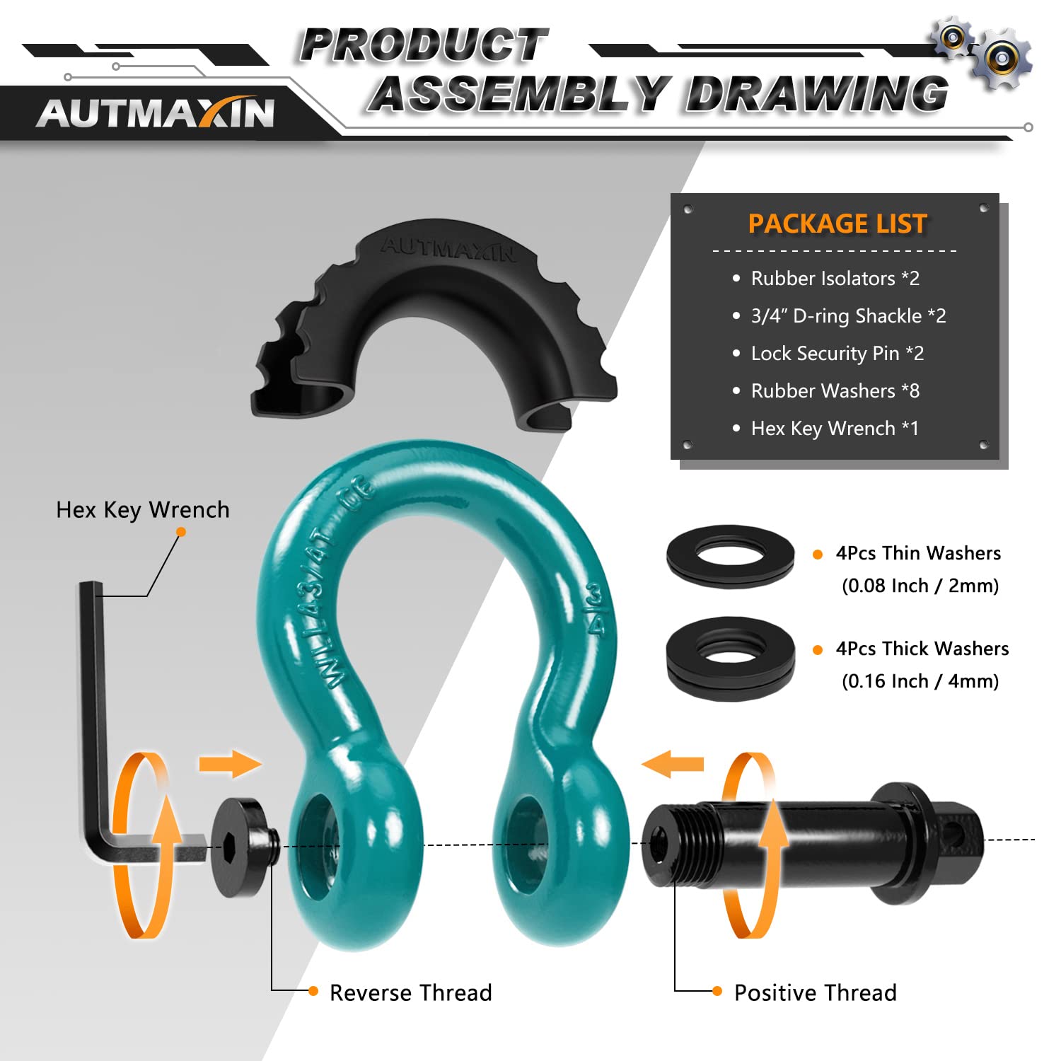 AUTMAXIN D Ring Shackles 3/4" Shackle (2 Pack) - 58,000Ibs Break Strength with 7/8" Anti-Loose Security Pin, Shackle Isolator Washer Kits for Tow Strap Winch Off-Road Vehicle Recovery, Teal