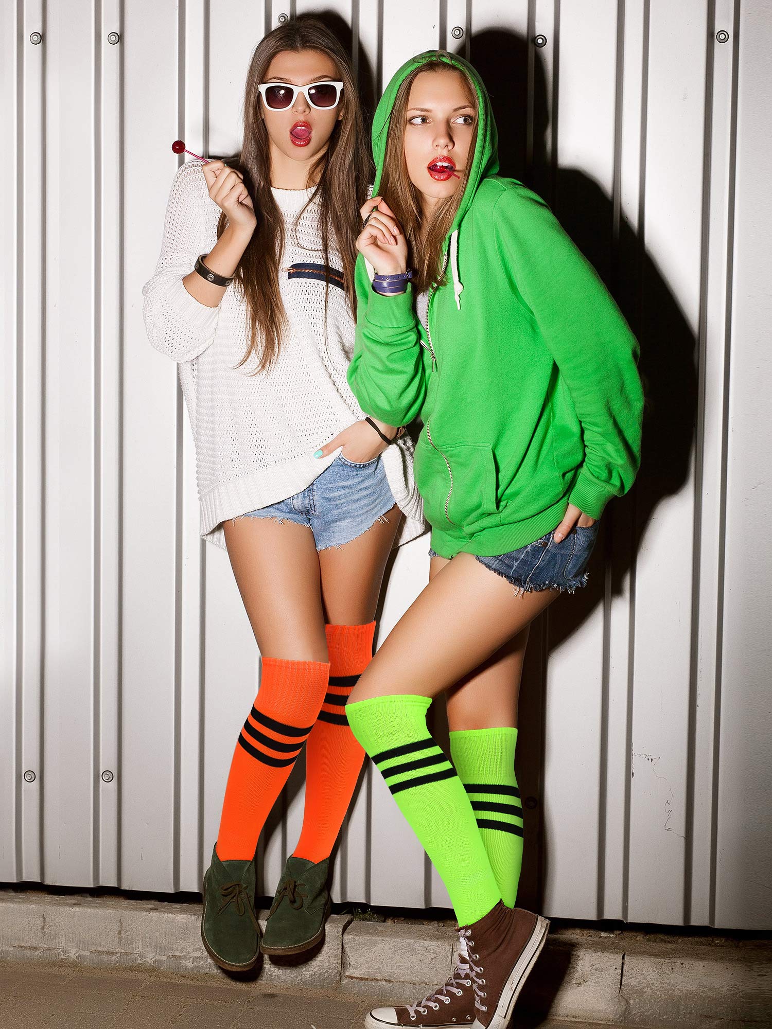 SATINIOR 4 Pairs Colorful Striped Neon Thigh High Socks Witch socks Soccer Socks for Women(Pink, Yellow, Green, Orange)