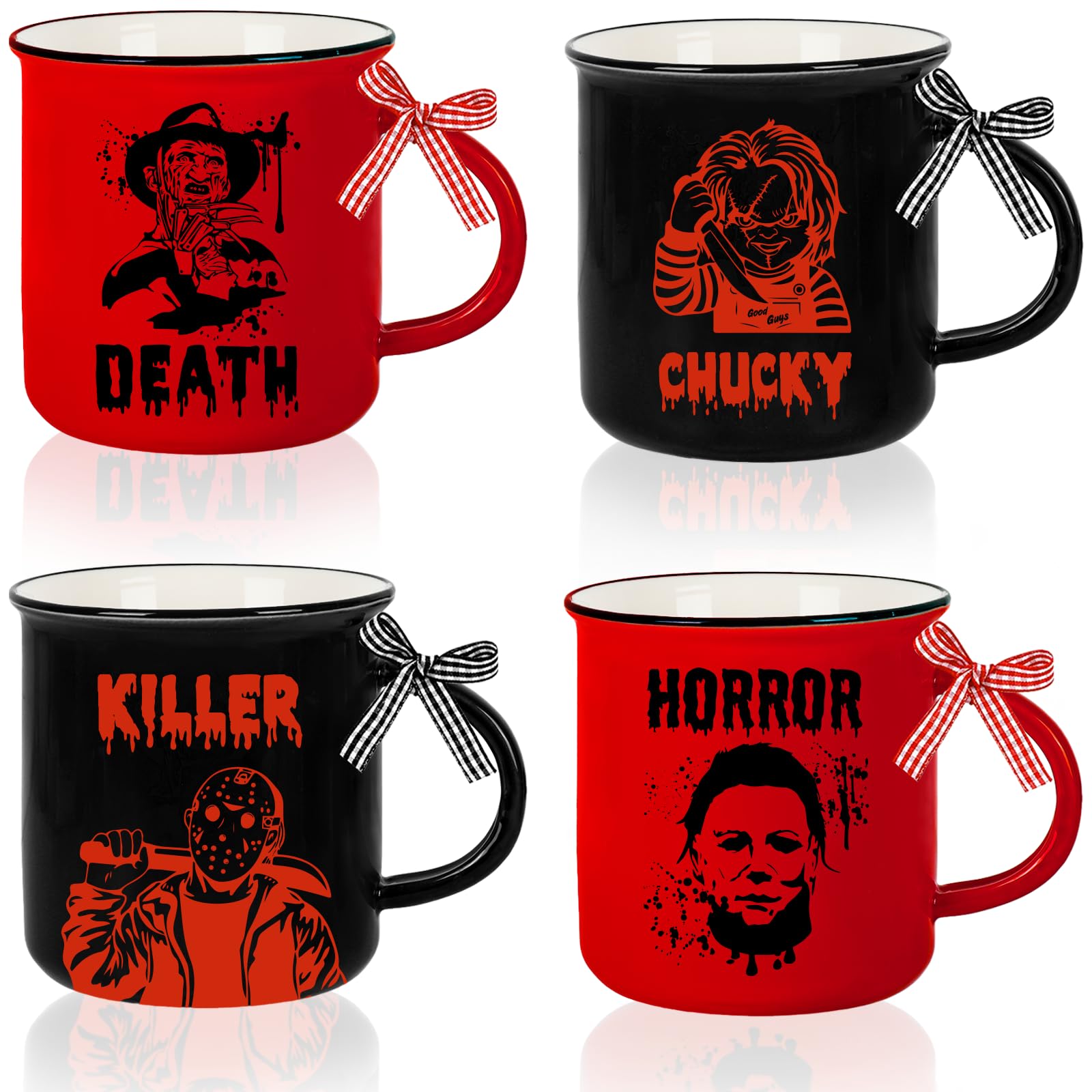 Whaline 4Pcs Halloween Mini Mugs with Plaid Ribbon Horror Movie Character Mini Coffee Mug Halloween Party Cups for Table Centerpieces Tiered Tray Decor Gifts