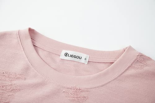 KLIEGOU Mens Hipster Hip Hop Ripped Round Hemline Hole T Shirt(1705) (Large, Pink)