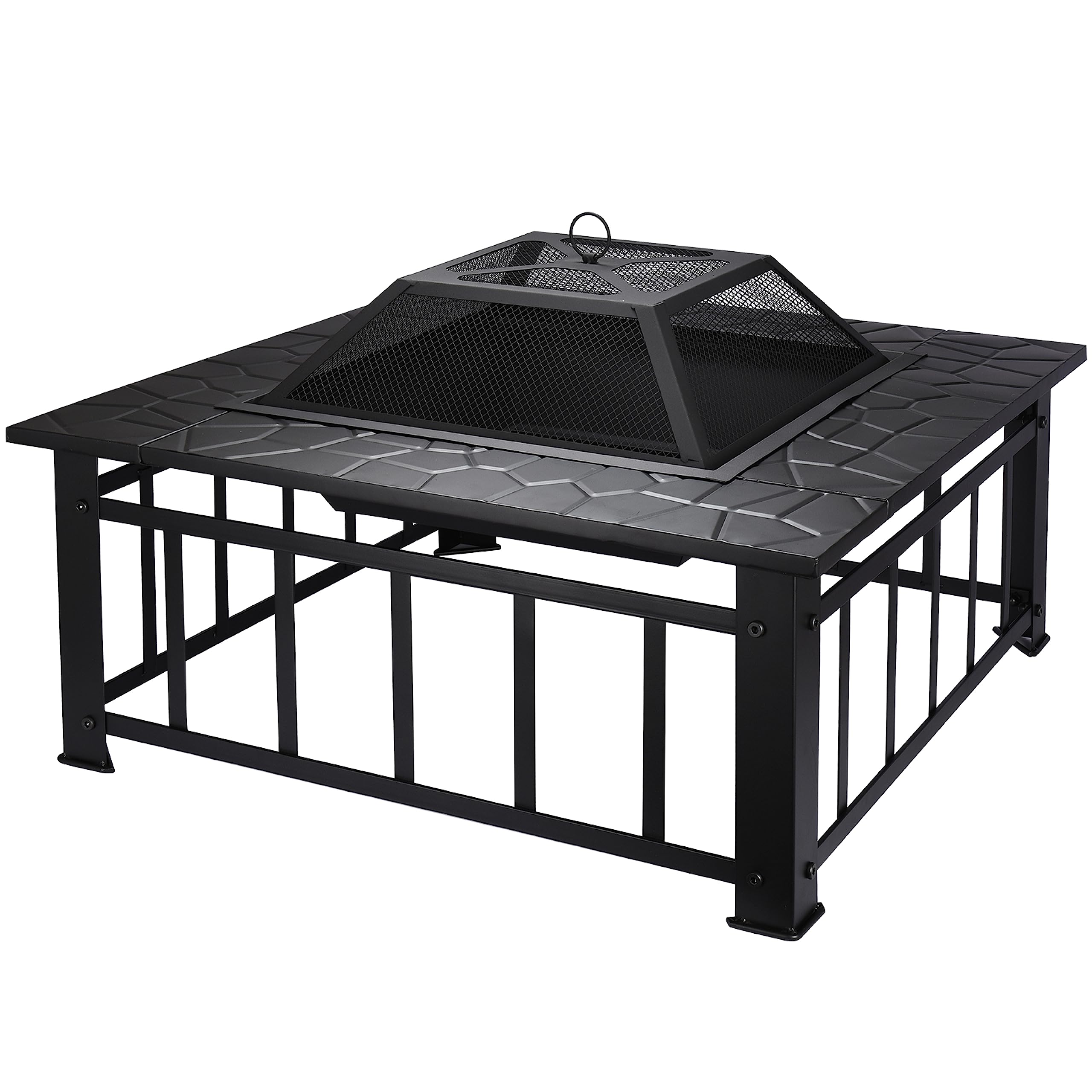 Zorestar 3 in 1 Metal Square Firepit (31.8"Dx31.8"Wx12.5"H-In) - Heavy-Duty & Portable BBQ Stove with Screen Cover & Poker - Wood Burning and Drink Cooling Fire Pit for Patio, Bonfire, Backyard, Deck