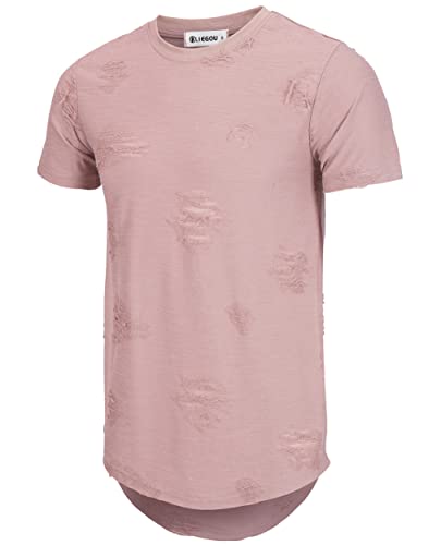 KLIEGOU Mens Hipster Hip Hop Ripped Round Hemline Hole T Shirt(1705) (Large, Pink)