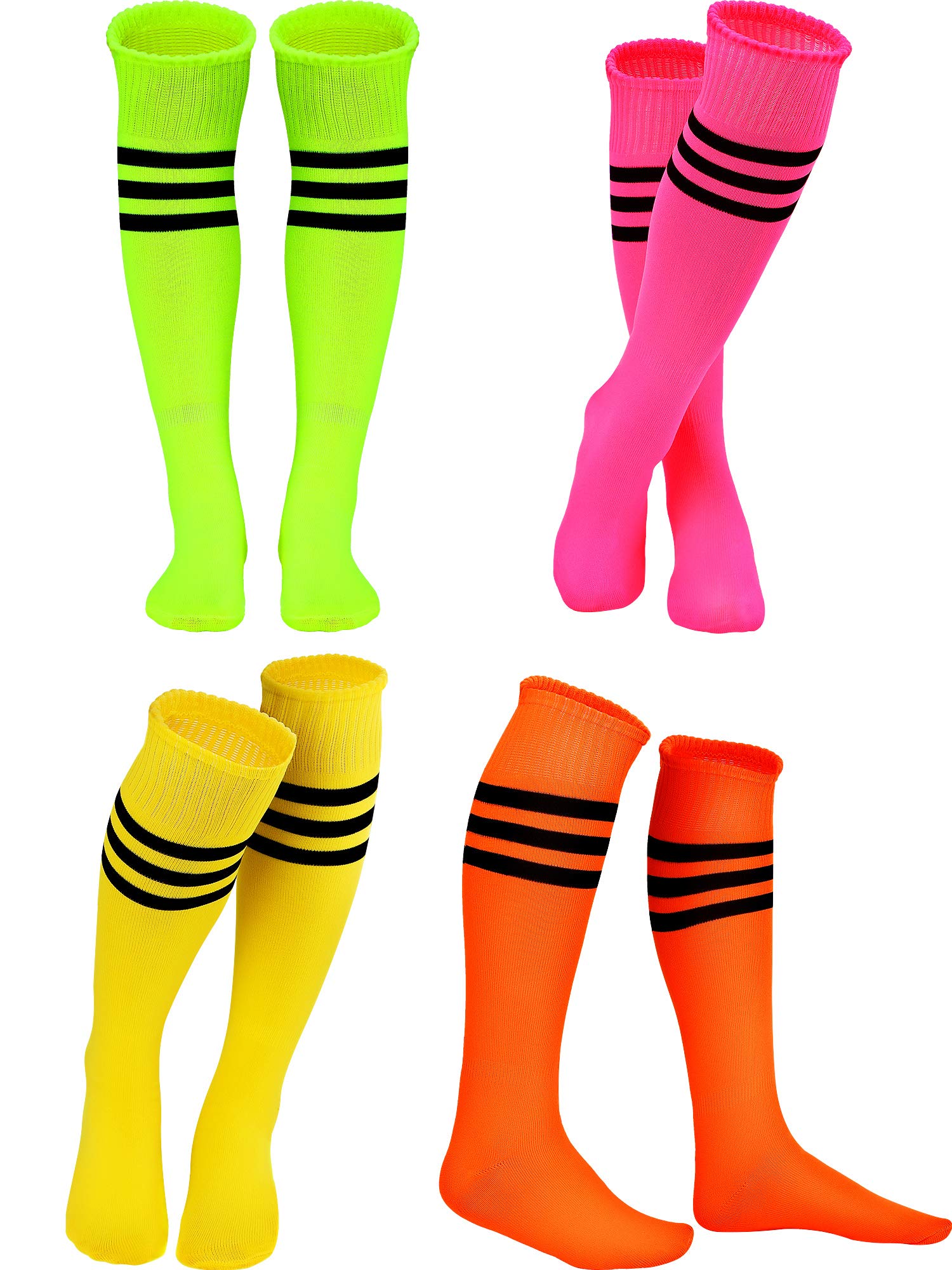 SATINIOR 4 Pairs Colorful Striped Neon Thigh High Socks Witch socks Soccer Socks for Women(Pink, Yellow, Green, Orange)