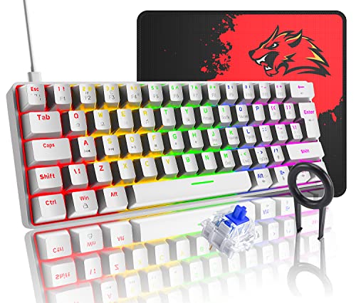 60% True Mechanical Gaming Keyboard Ultra-compact with 20 Rainbow Backlit Type C Wired Programmable 62 Keys Tactile Blue Switch Waterproof Non-Conflict and Gaming Mouse Pad for PC/Laptop/PS5（White)