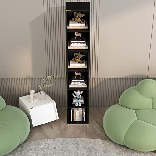 ALISENED 68.5" Tall Narrow Bookshelf, 6 Shelf Wooden Corner Bookcase for Stylish Storage, Modern Skinny Cubes Storage Organizer Display Shelving for Bedroom, Library, Living Room, Home, Office, Black