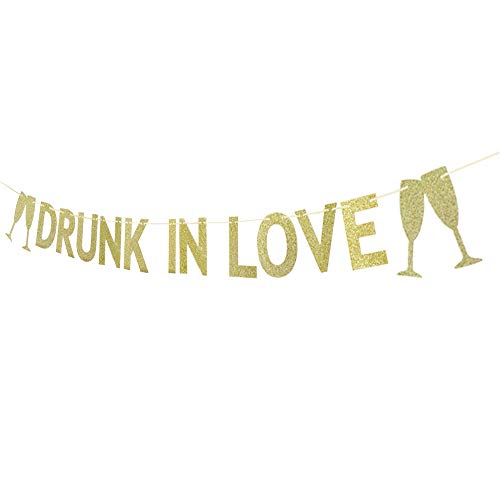 DRUNK IN LOVE Banner,Hanging Theme Photo Backdrop for Wedding, Engagement, Bridal Shower, Bachelor, Bachelorette, Anniversary Party Decoration (Gold).