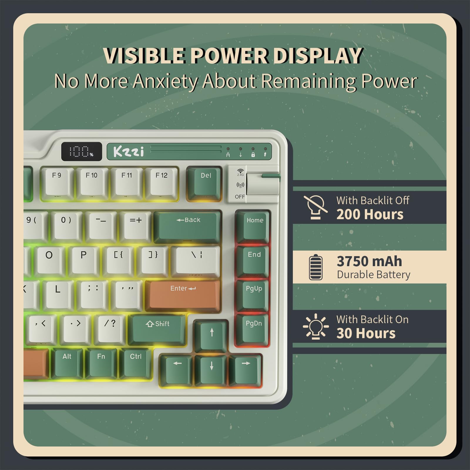 KZZI K75 PRO RGB 75% Wireless Gasket Mechanical Keyboard, Triple Mode BT 5.0/2.4G/USB-C 82 Keys Hot Swappable Gaming Keyboard w/Knob & Power Display, Custom Tactile Switches, Green