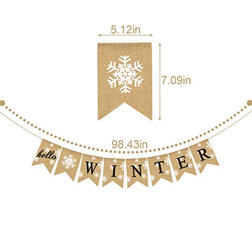 Jute Burlap Hello Winter Banner Snowflake Christmas Holiday Mantel Fireplace Bunting Garland Decoration