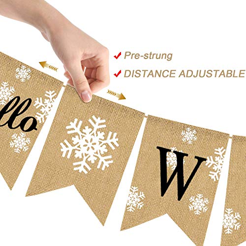 Jute Burlap Hello Winter Banner Snowflake Christmas Holiday Mantel Fireplace Bunting Garland Decoration
