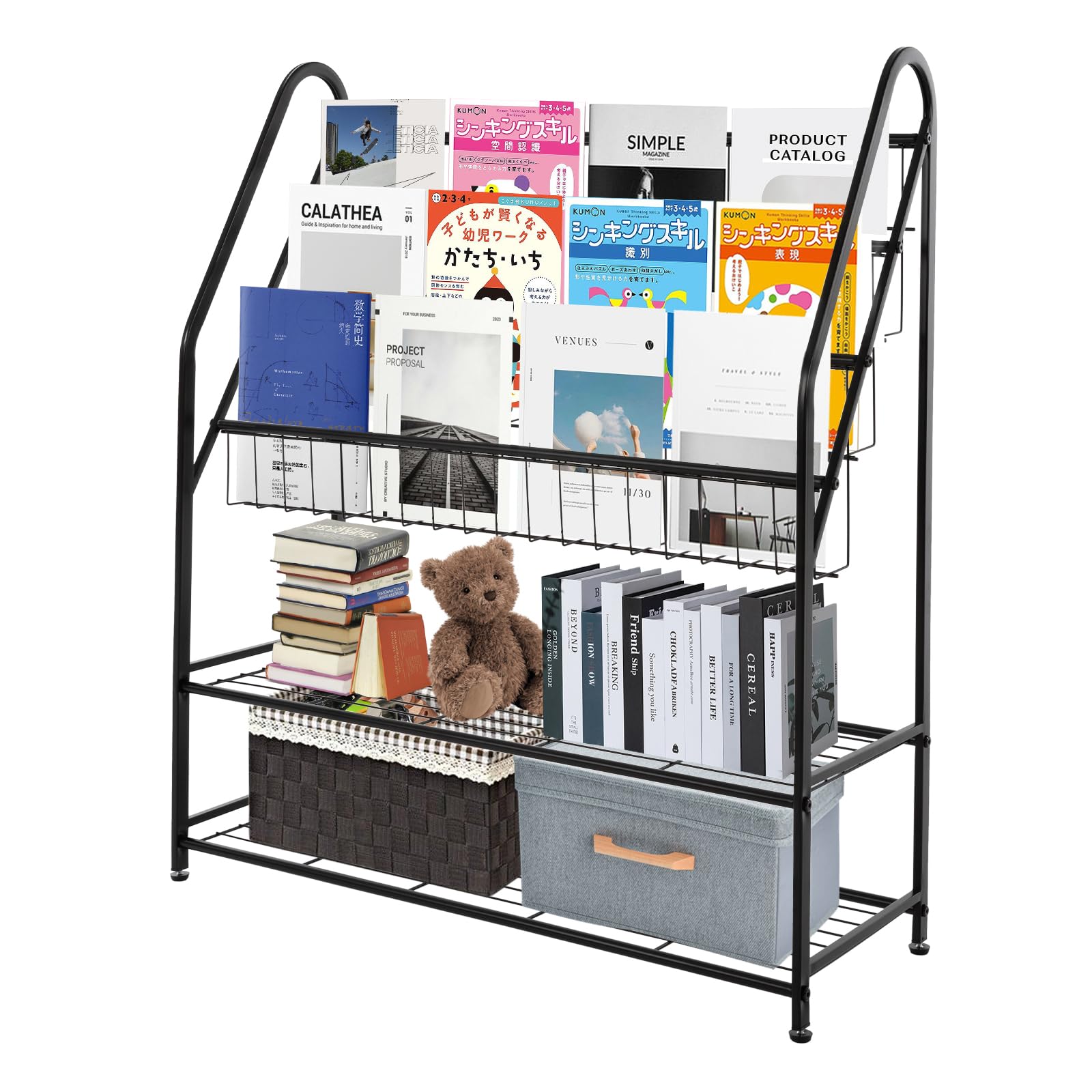 Bookshelf,Large Black Bookcase,Large Capacity Books Toys Organizer,Kids Black Bookshelf LargeFreestanding for Children Room,Stable Bookcase Bookstore Library Unit Storage Kids Bed Living Room