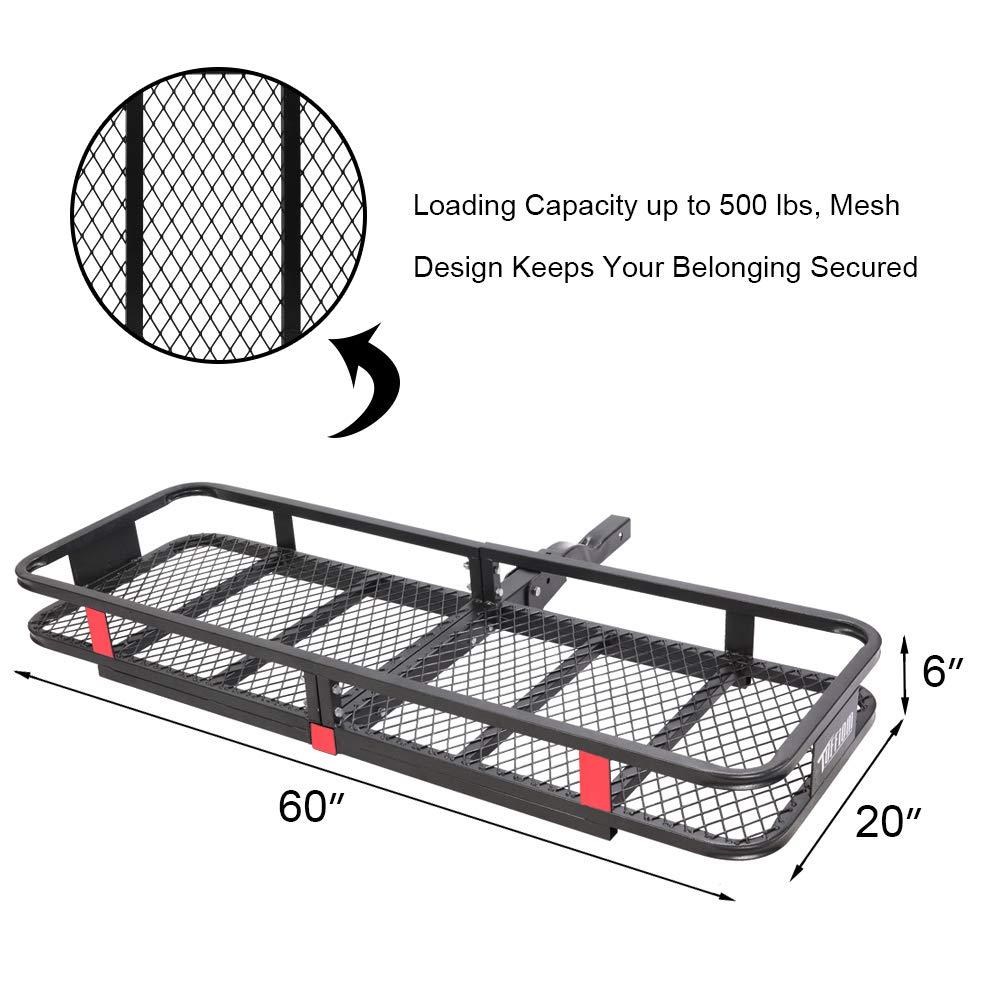 TUFFIOM 60"x20"x6" Folding Hitch Mount Cargo Carrier Basket, 500lbs Steel Car Cargo Trailer Hitch Luggage Rack with Net, Waterproof Cargo Bag, Straps & Stabilizer for SUV Car Truck Van