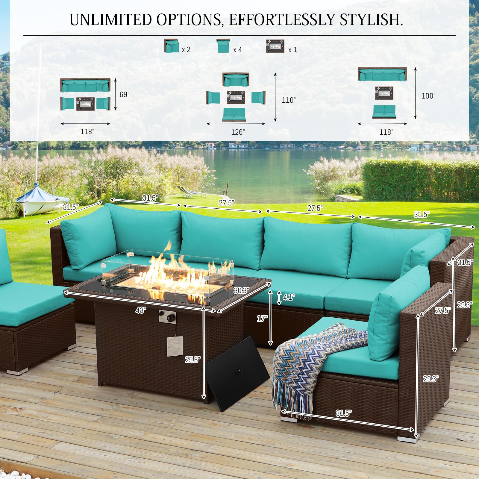 BULEXYARD High Back Brown PE Rattan Outdoor Patio Furniture Set with Propane Fire Pit Table, Large Wicker Outside Sectional Furniture Sofa Conversation Sets for Backyard(Aqua Blue, 7Pcs-A)