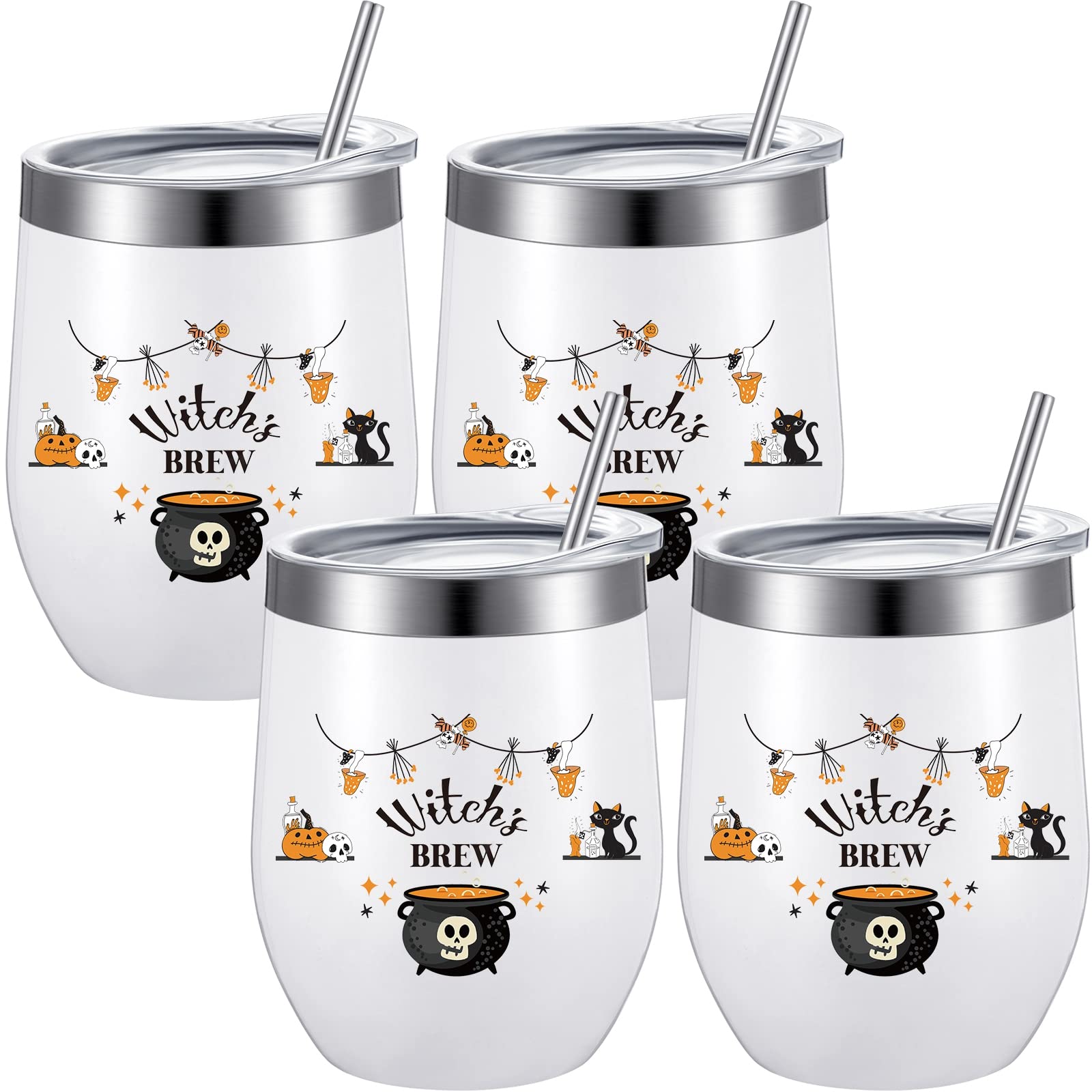 Geiserailie 4 Pieces Witch's Brew Halloween Wine Tumbler 12 oz Gift Mug Witch Room Decor for Witchcraft Women, Double Wall Vacuum Insulated Stainless Steel Coffee Mug with Lid Straw Brush