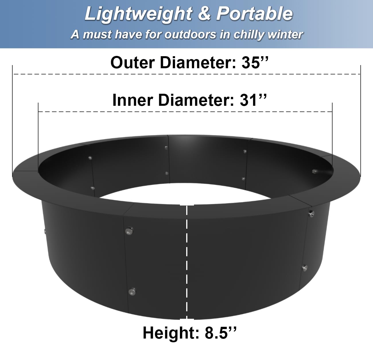 AnBaiMei Round Outdoor Fire Pit Ring Insert 31-Inch Inner 35-Inch Outer Diameter, Heavy Duty Metal Steel DIY Firepit Liner Campfire Rings for Outside Wood Burning Above or In-Ground, Black