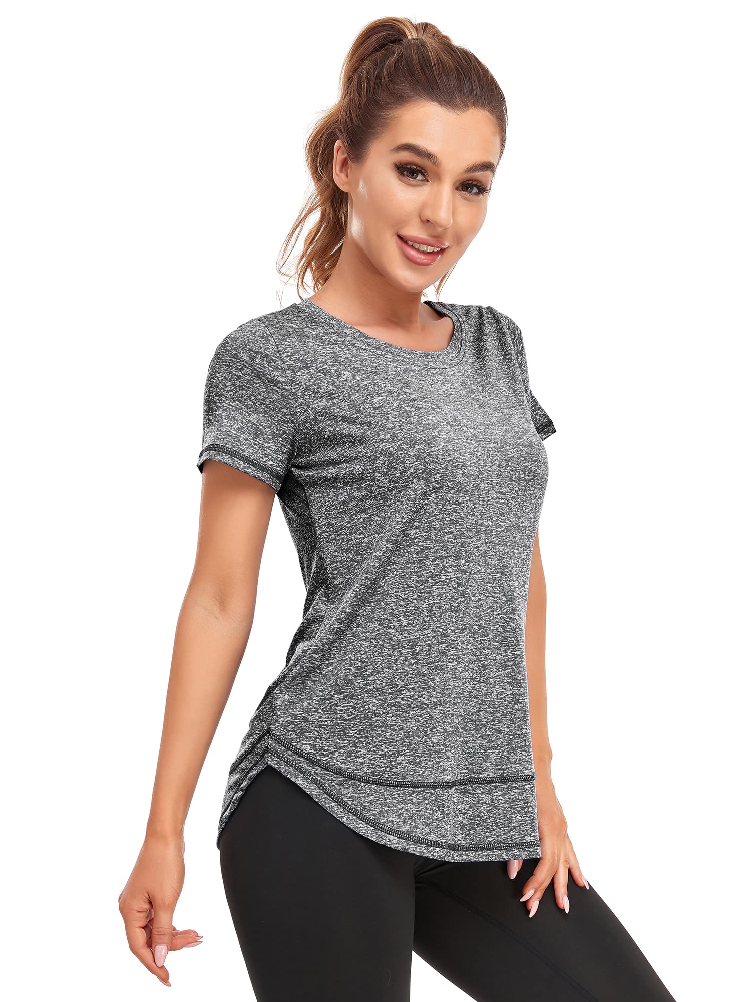 Abrooical Short Sleeve Yoga Tops for Women Workout Curved Hem Side Split Casual Sports Outfit Tees Dark Grey XX-Large