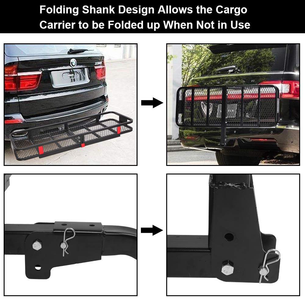 TUFFIOM 60"x20"x6" Folding Hitch Mount Cargo Carrier Basket, 500lbs Steel Car Cargo Trailer Hitch Luggage Rack with Net, Waterproof Cargo Bag, Straps & Stabilizer for SUV Car Truck Van