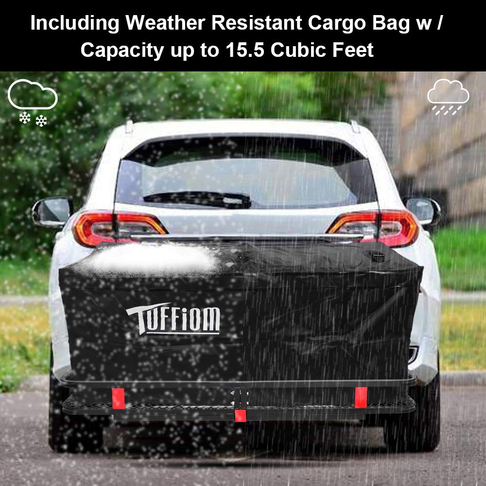 TUFFIOM 60"x20"x6" Folding Hitch Mount Cargo Carrier Basket, 500lbs Steel Car Cargo Trailer Hitch Luggage Rack with Net, Waterproof Cargo Bag, Straps & Stabilizer for SUV Car Truck Van