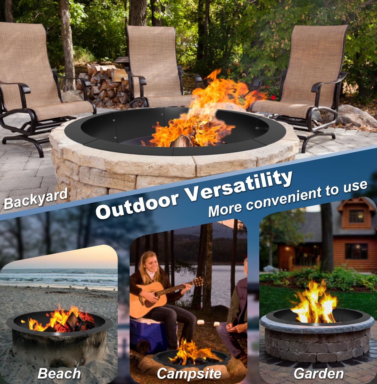 AnBaiMei Round Outdoor Fire Pit Ring Insert 31-Inch Inner 35-Inch Outer Diameter, Heavy Duty Metal Steel DIY Firepit Liner Campfire Rings for Outside Wood Burning Above or In-Ground, Black