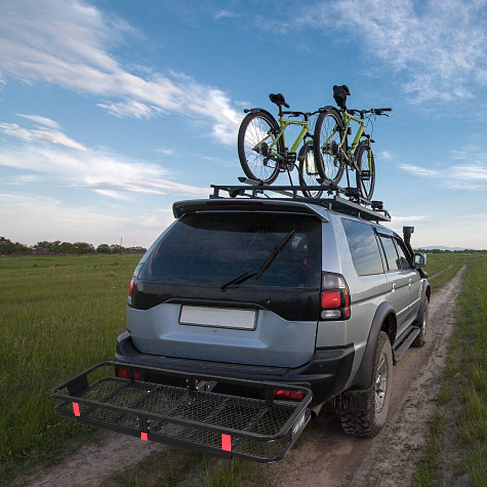 TUFFIOM 60"x20"x6" Folding Hitch Mount Cargo Carrier Basket, 500lbs Steel Car Cargo Trailer Hitch Luggage Rack with Net, Waterproof Cargo Bag, Straps & Stabilizer for SUV Car Truck Van