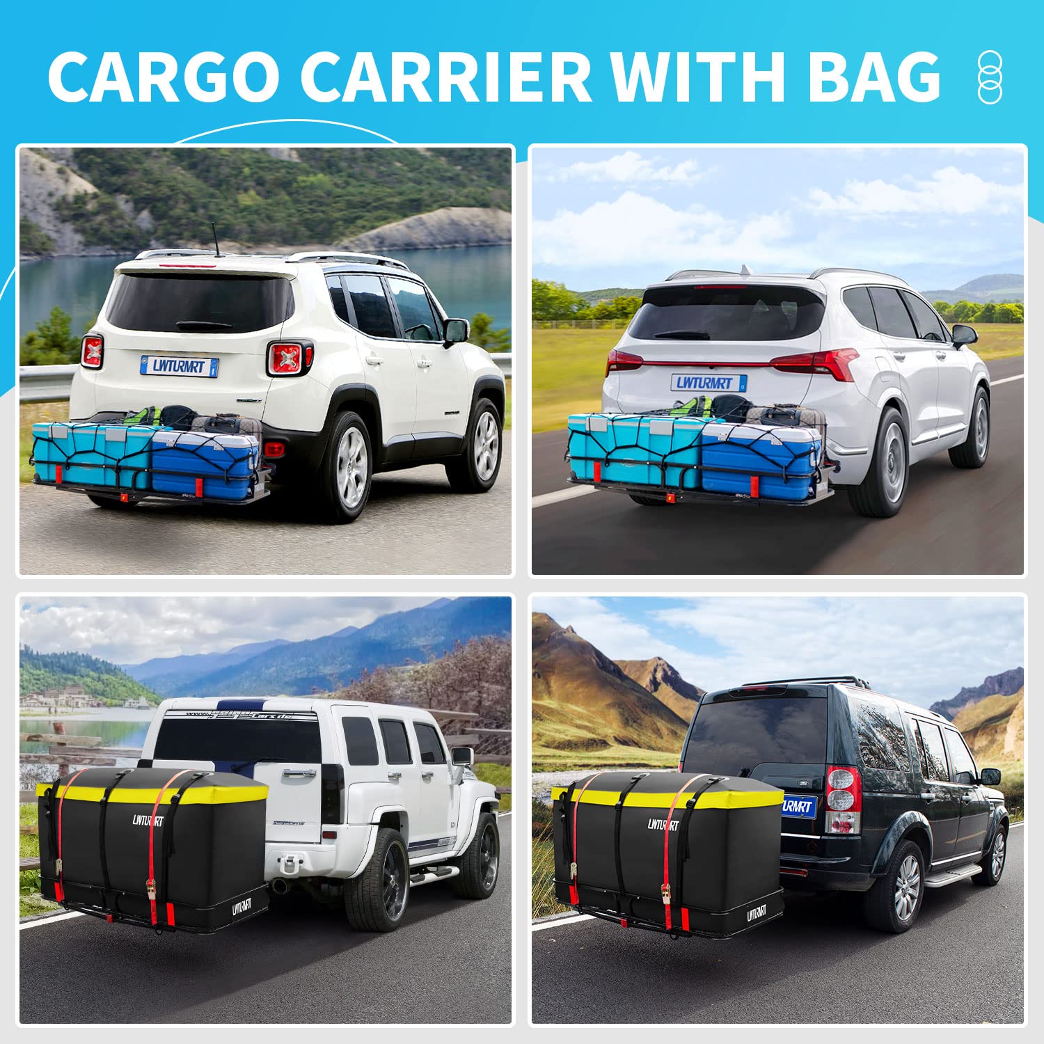 LWTURMRT 60"X21.6"X6" Hitch Cargo Carrier with Waterproof Cargo Bag(58"X20"X24"), Rust Resistant Baking Paint and Alloy Steel Material