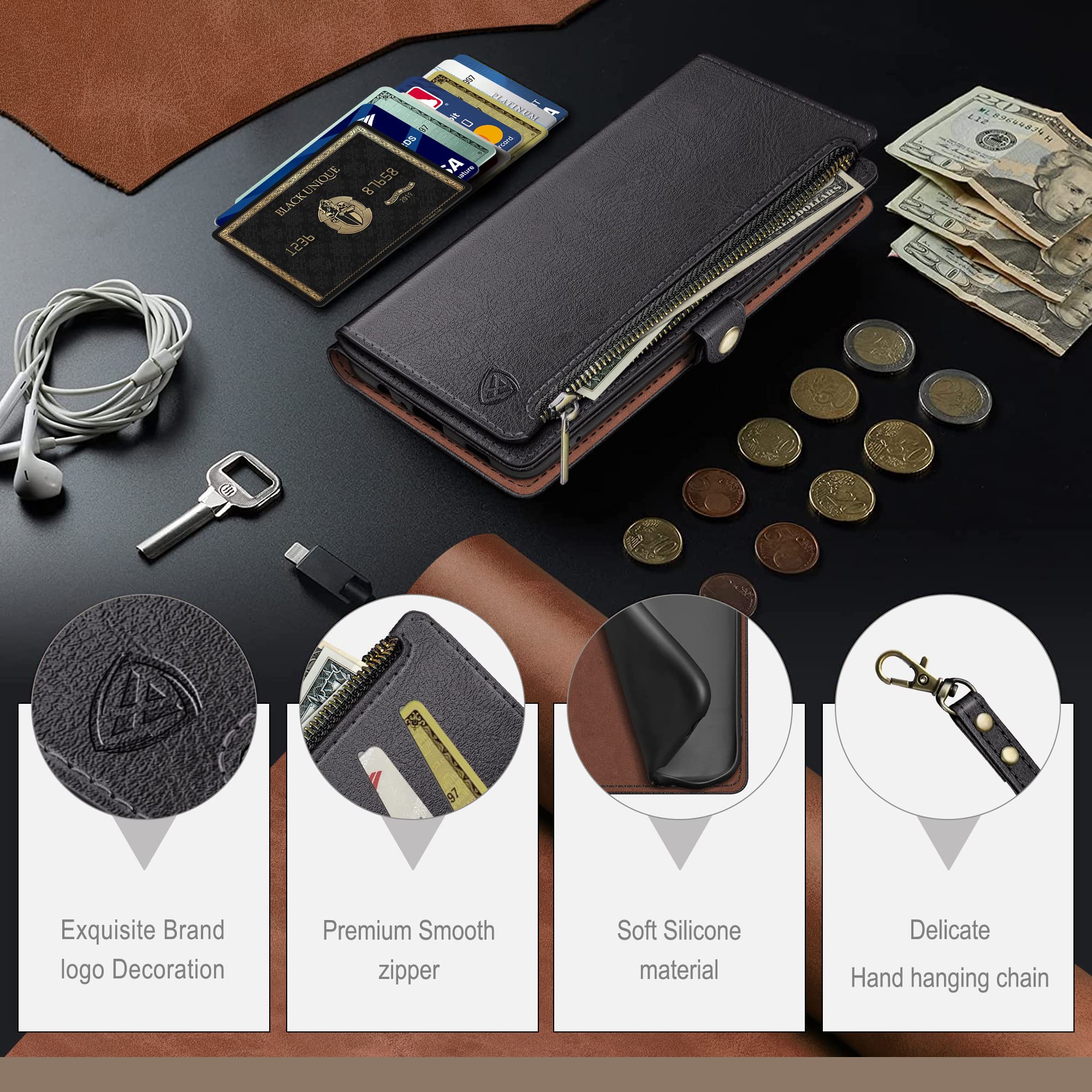 XcaseBar for iPhone 11 Pro Max 6.5" Wallet case with Zipper Credit Card Holder【RFID Blocking】, Flip Folio Book PU Leather Phone case Shockproof Cover Women Men for Apple 11 ProMax case Black