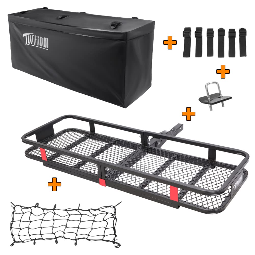 TUFFIOM 60"x20"x6" Folding Hitch Mount Cargo Carrier Basket, 500lbs Steel Car Cargo Trailer Hitch Luggage Rack with Net, Waterproof Cargo Bag, Straps & Stabilizer for SUV Car Truck Van