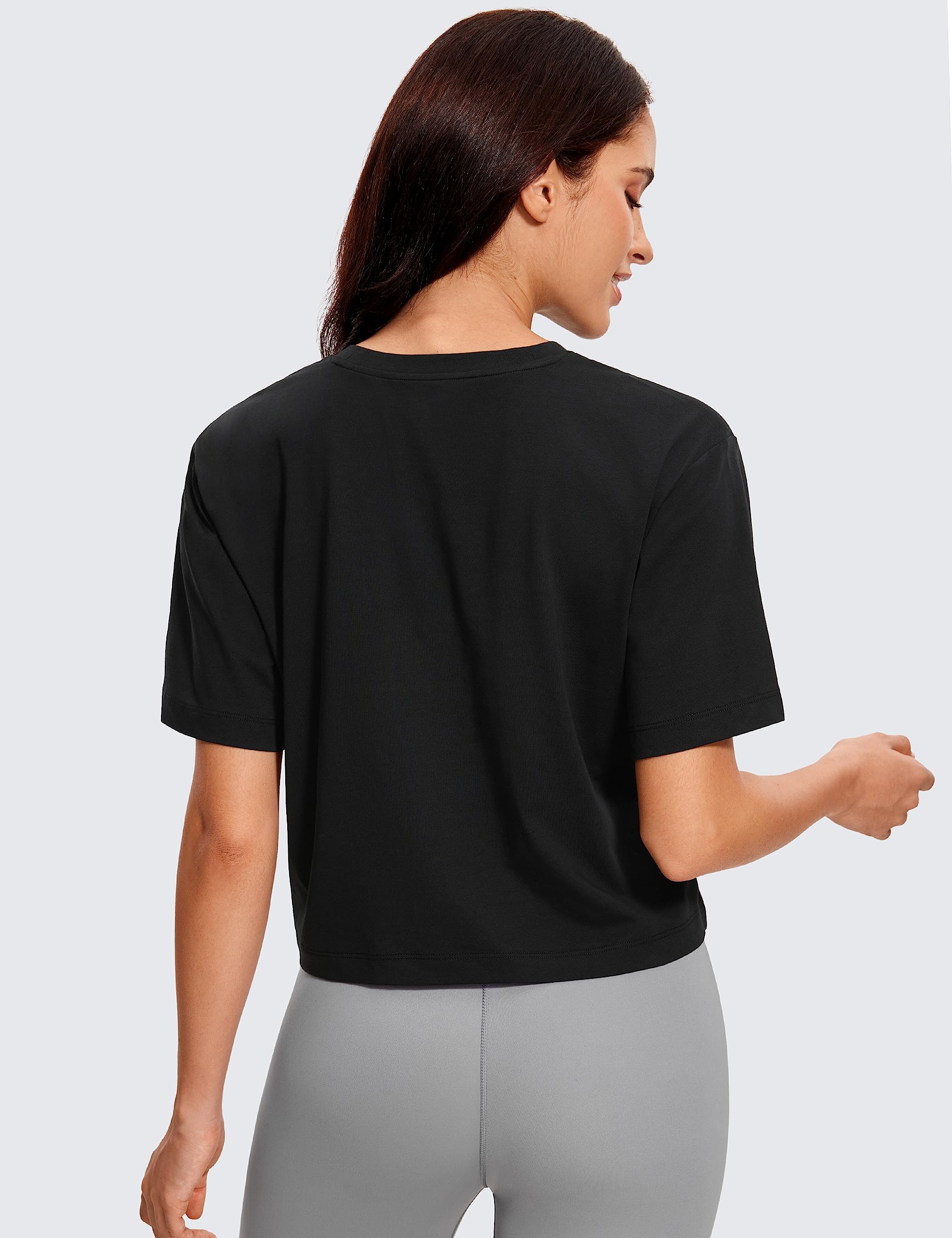 CRZ YOGA Womens Loose Fit Cotton Polyester Short Sleeve Shirts Crop Tops Casual Workout T-Shirts Black Medium