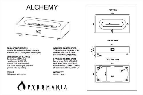 Pyromania Alchemy Outdoor Concrete Fire Pit Table, 60 x 30 Inches - Natural Gas Model in Charcoal Gray Color