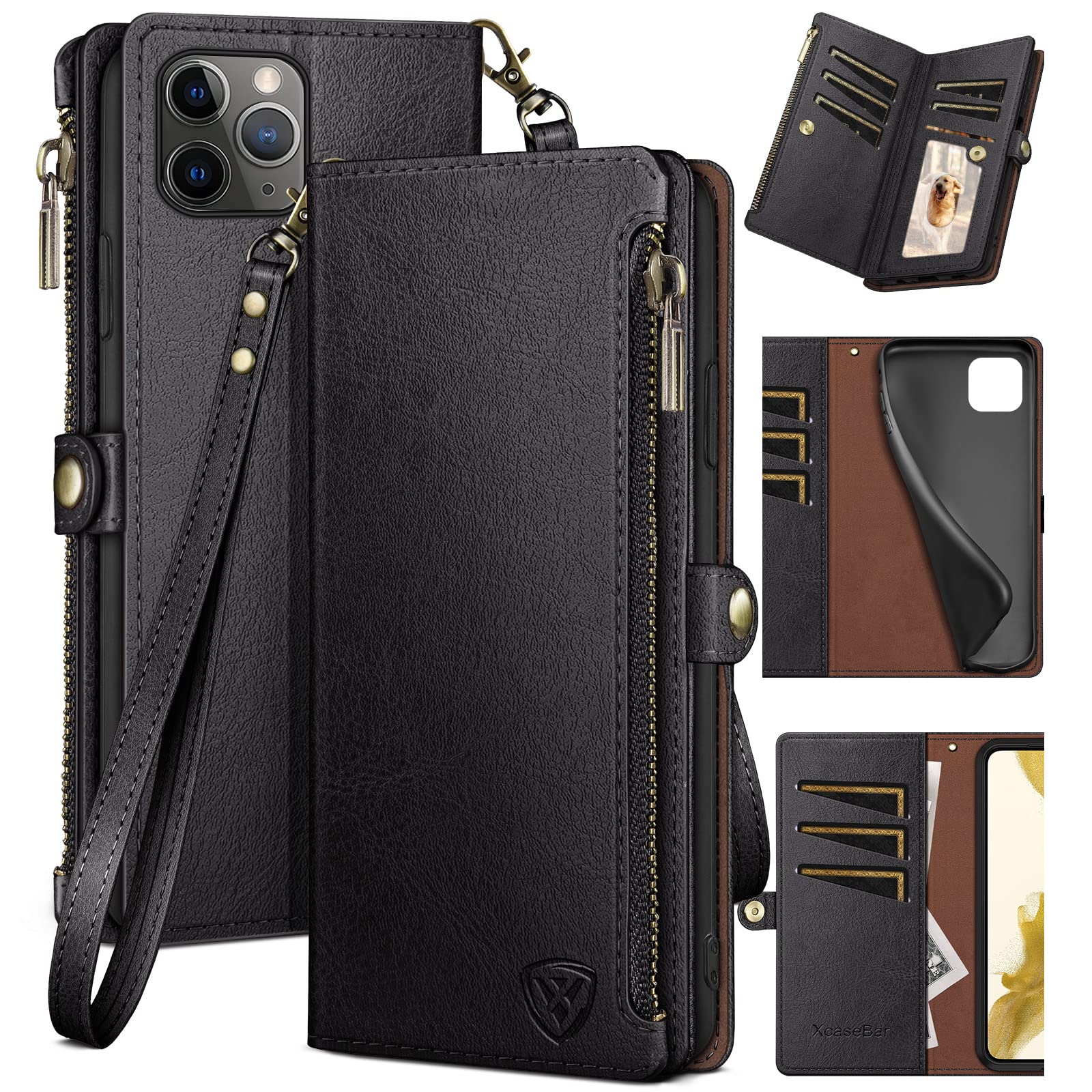 XcaseBar for iPhone 11 Pro Max 6.5" Wallet case with Zipper Credit Card Holder【RFID Blocking】, Flip Folio Book PU Leather Phone case Shockproof Cover Women Men for Apple 11 ProMax case Black