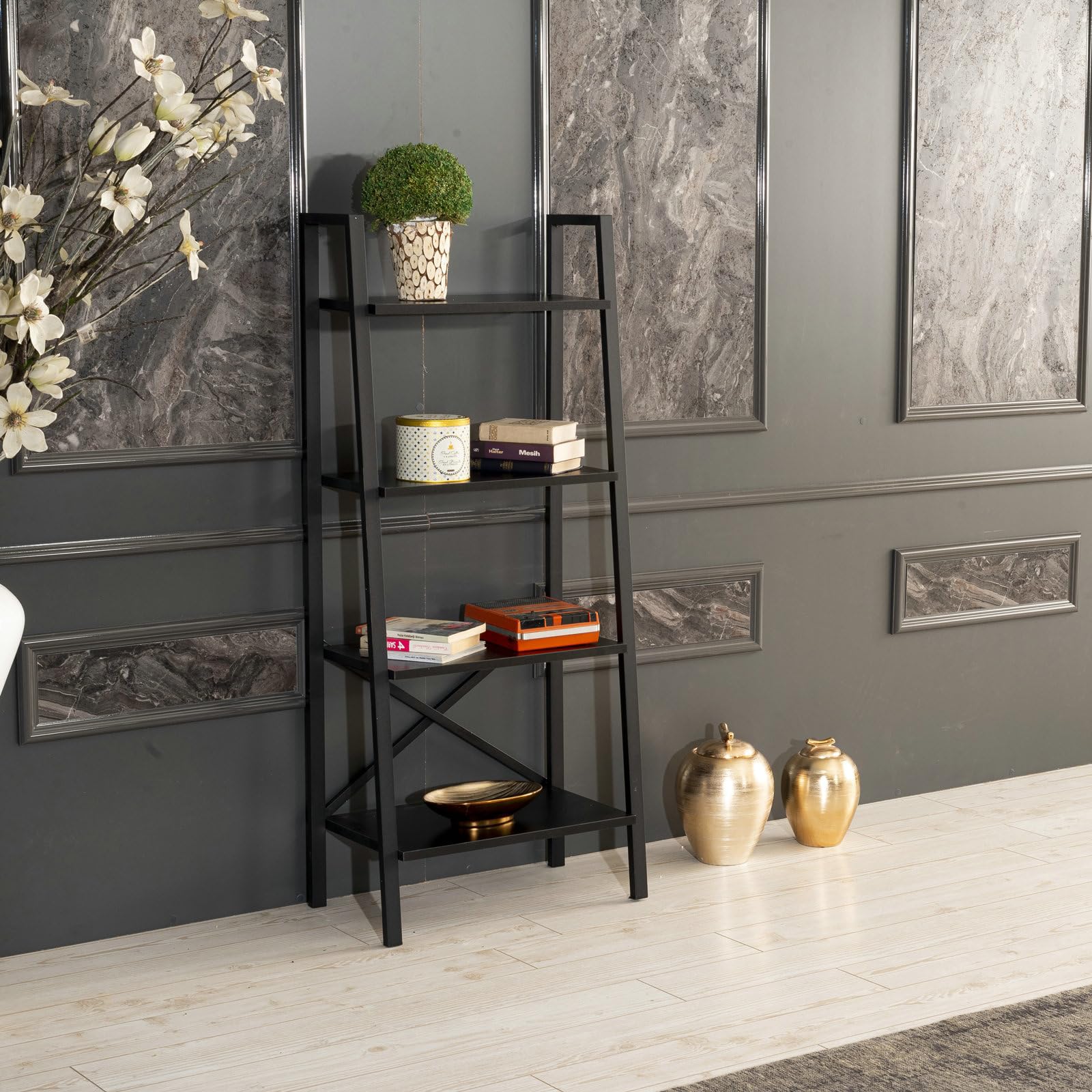 Aienid Solid Wood Black Bookshelf 5 Tier Modern Ladder Bookshelf Organizers, Metal Frame Bookshelf for Small Spaces in Your Living Rooms, Office Furniture Bookcase