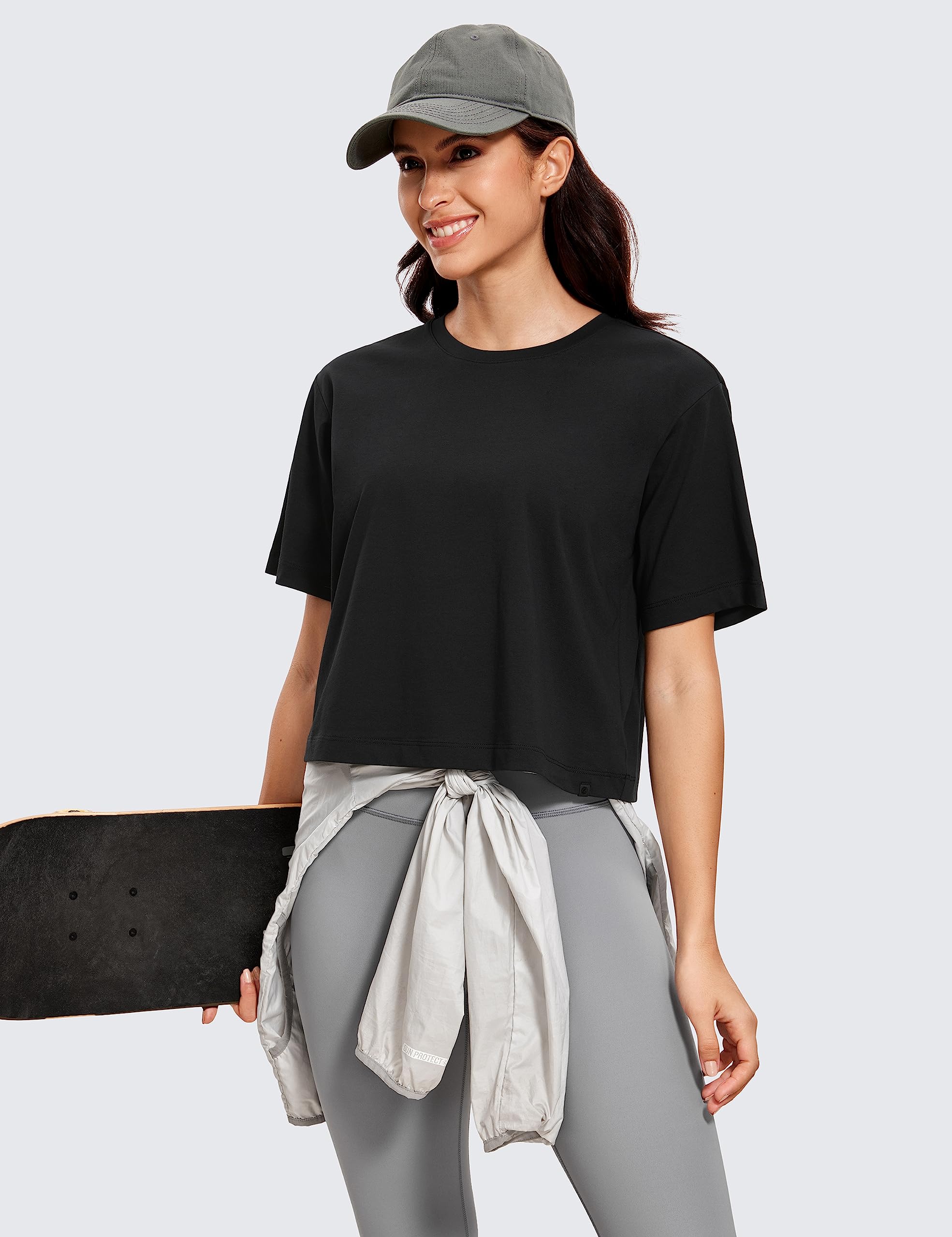 CRZ YOGA Womens Loose Fit Cotton Polyester Short Sleeve Shirts Crop Tops Casual Workout T-Shirts Black Medium