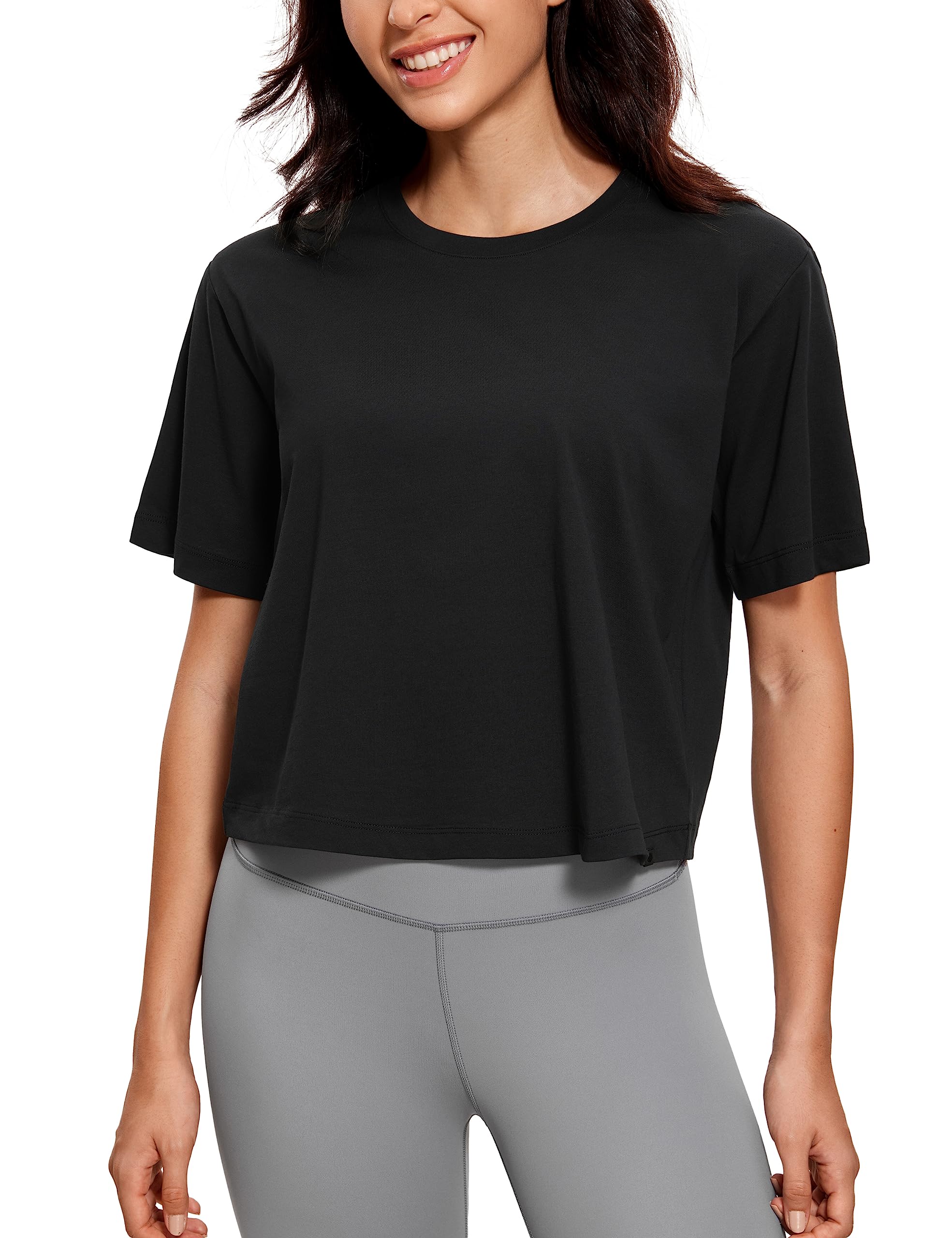 CRZ YOGA Womens Loose Fit Cotton Polyester Short Sleeve Shirts Crop Tops Casual Workout T-Shirts Black Medium