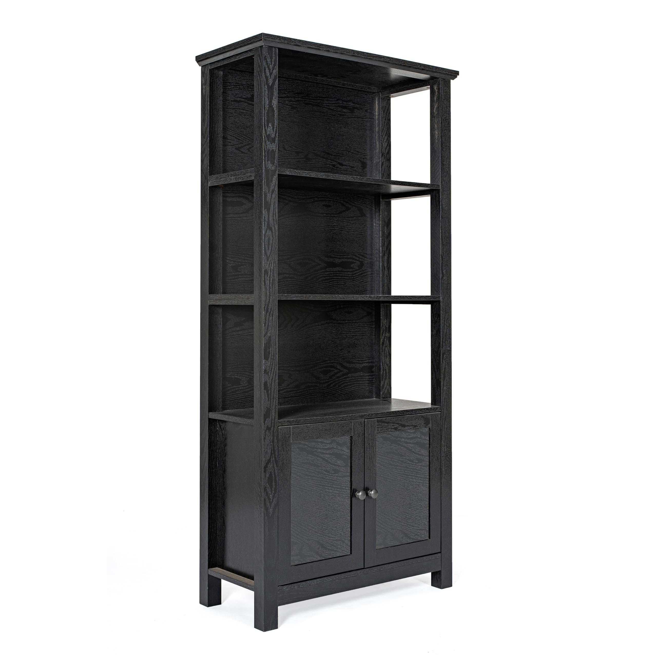 Merrick Lane Omaha Storage Cabinet Bookcase, Modern Farmhouse Cabinet with Open Shelves, Lower Storage Cabinet with Glass Doors, 67.75", Black