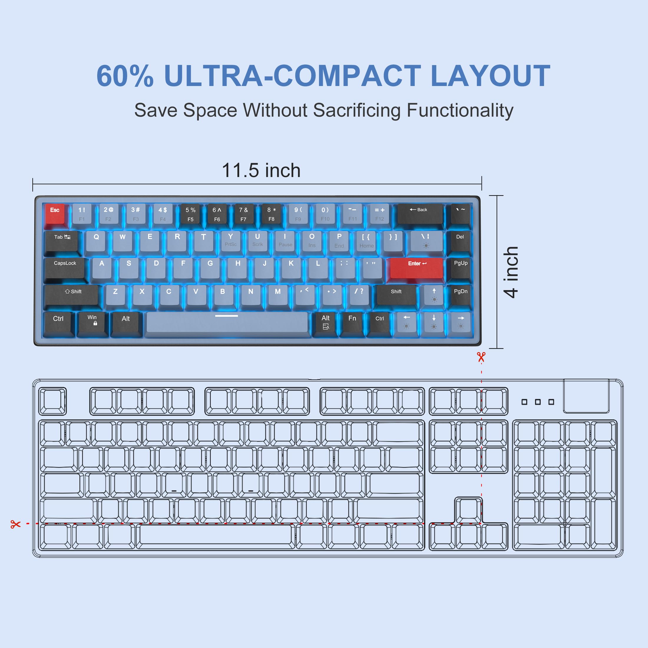 MageGee 60% Mechanical Gaming Keyboard, 68 Keys Compact Blue LED Backlit Gaming Keyboard, SKY68 Wired Ergonomic Mini Office Keyboard for Windows PC Gamer (Brown Switch, Black & Blue)