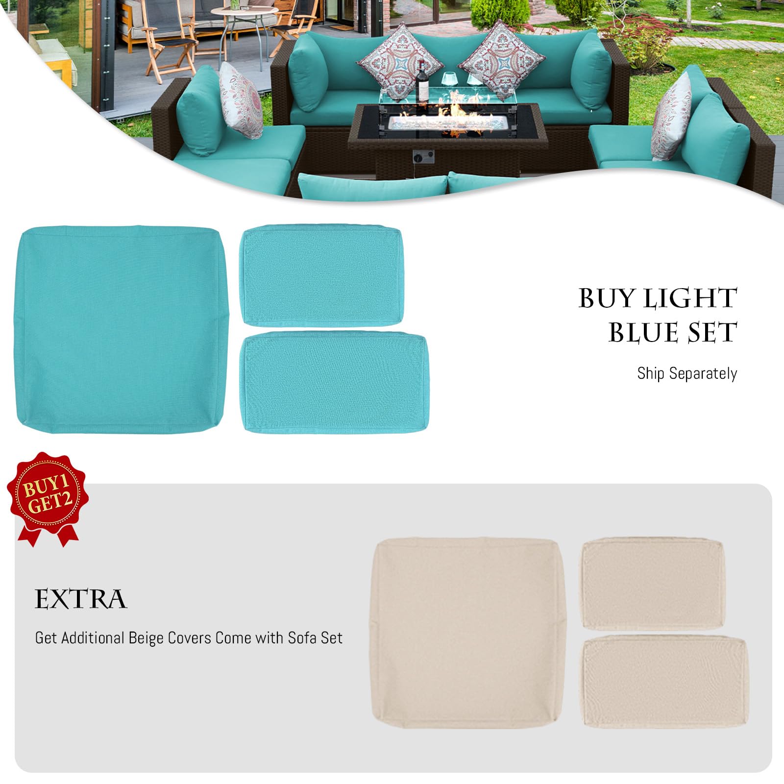 BULEXYARD High Back Brown PE Rattan Outdoor Patio Furniture Set with Propane Fire Pit Table, Large Wicker Outside Sectional Furniture Sofa Conversation Sets for Backyard(Aqua Blue, 7Pcs-A)