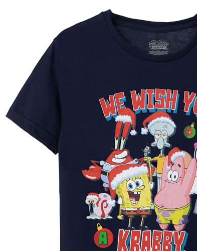 SpongeBob SquarePants Kids Christmas Navy T-Shirt | Boys Girls Patrick Squidward Sandy Mr Krabs Gary Krabby | Xmas Gift