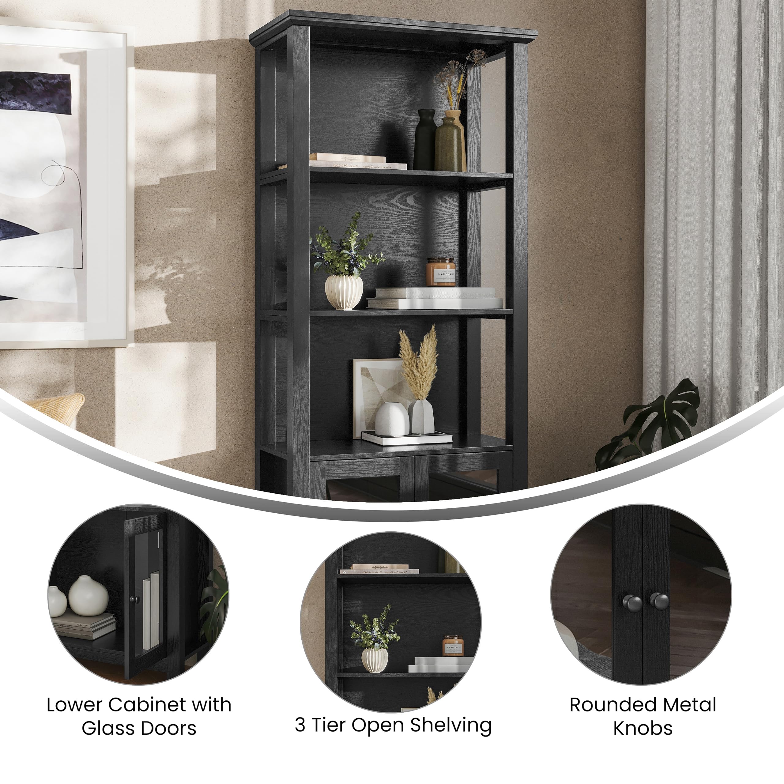 Merrick Lane Omaha Storage Cabinet Bookcase, Modern Farmhouse Cabinet with Open Shelves, Lower Storage Cabinet with Glass Doors, 67.75", Black