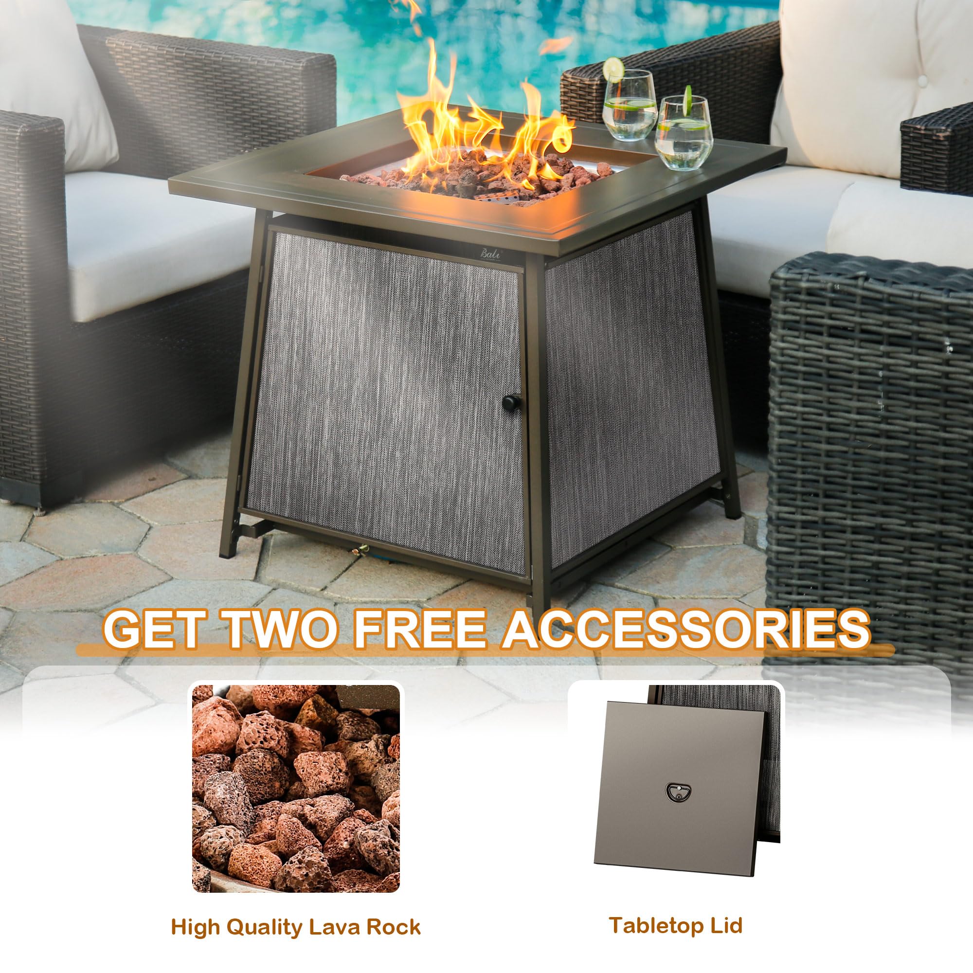 BALI OUTDOORS Gas FirePit Table 28 Inch Propane Fire Pit Table 50,000 BTU with Lava Rock and Tabletop Lid, Square Outdoor Table for Patio and Garden
