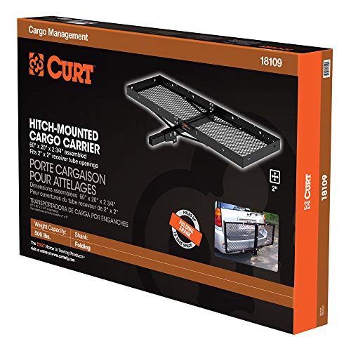 CURT 18109 60 x 20-Inch Tray Hitch Cargo Carrier, 500 lbs Capacity, Black Steel, 2-in Folding Shank