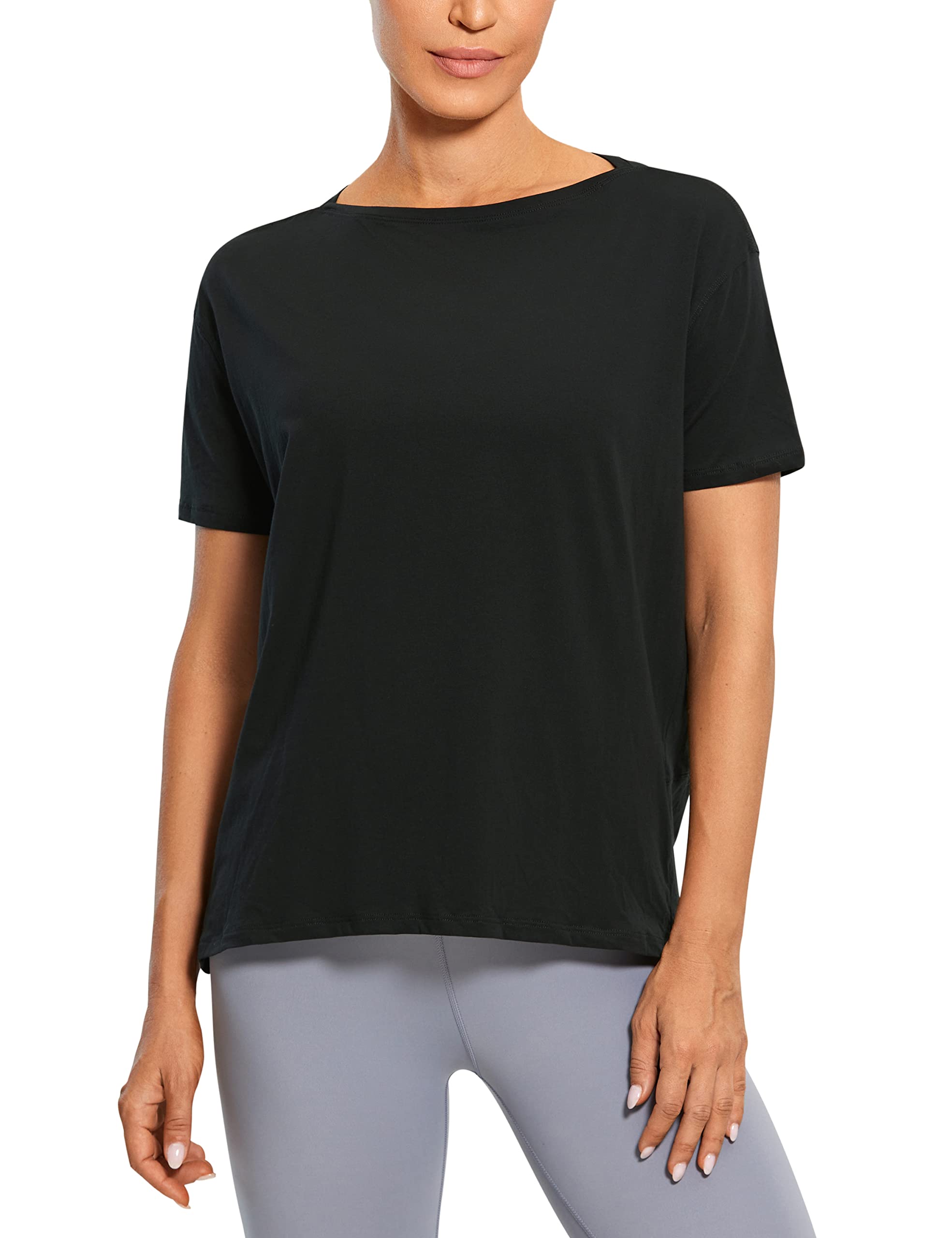 CRZ YOGA Women's Pima Cotton Short Sleeve Shirts Boat Neck Loose Fit Gym Workout T-Shirt Athletic Casual Tops Black Small