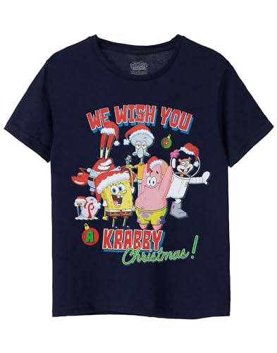 SpongeBob SquarePants Kids Christmas Navy T-Shirt | Boys Girls Patrick Squidward Sandy Mr Krabs Gary Krabby | Xmas Gift