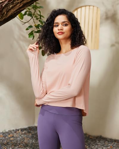 G4Free Workout Shirts Women Loose Fit Long Sleeve Work Out Tops Gym Basic Boxy Running Crop Shirts Thumb Holes Tee(Pink, M)
