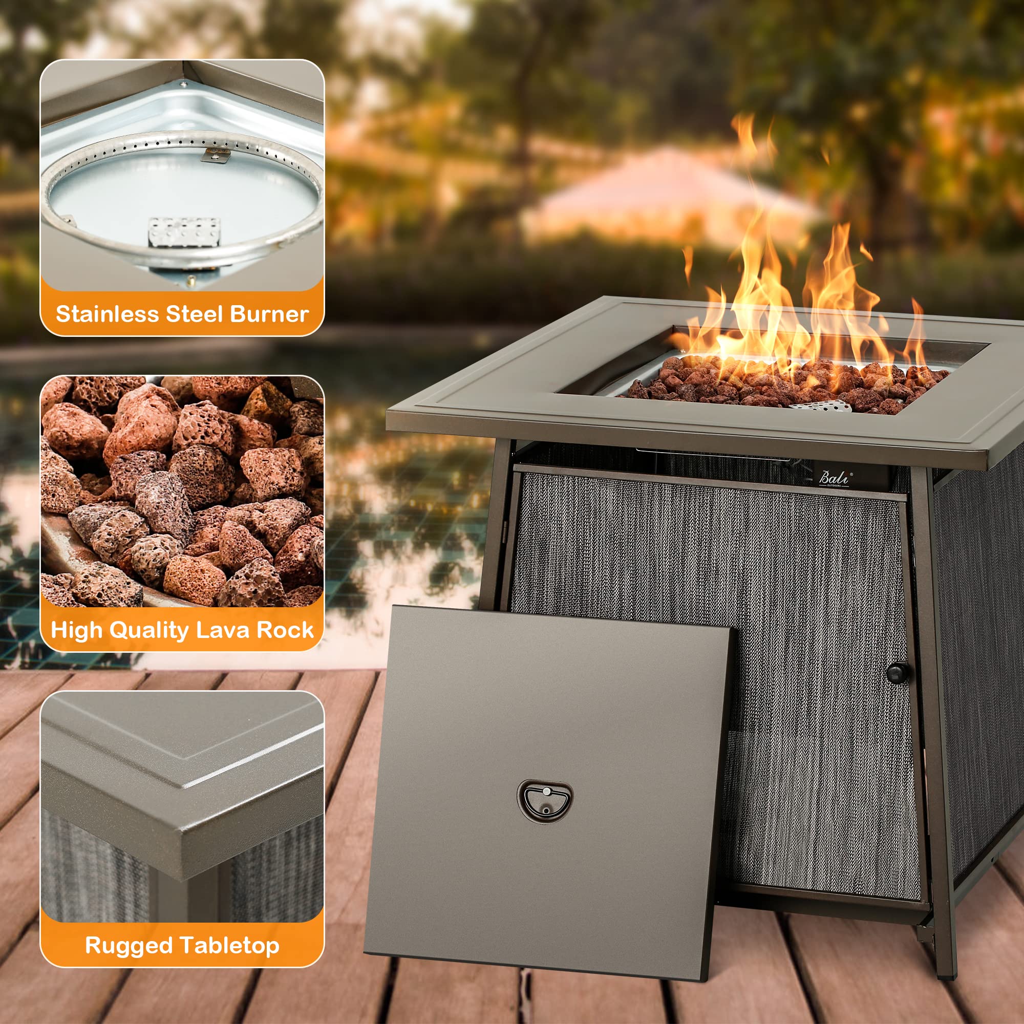 BALI OUTDOORS Gas FirePit Table 28 Inch Propane Fire Pit Table 50,000 BTU with Lava Rock and Tabletop Lid, Square Outdoor Table for Patio and Garden
